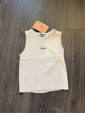 Miu Miu | Tops | Miu Miu Cream Ribbed Lacetrim Tank Top | Poshmark